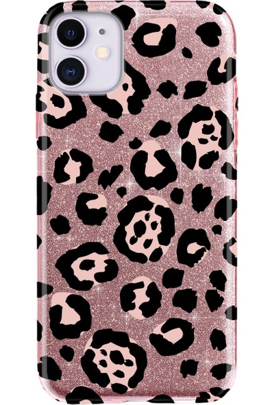 Cupcase Apple iPhone 11 Kılıf Silikon Simli Hepsi Parlak Resimli Çift (2) Katmanlı Korumalı Kapak Rosegold Leopar
