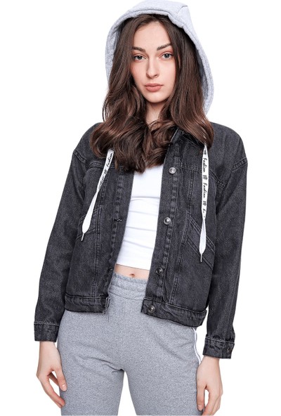 Butikburuc Kadın Antrasit Torba Cep Kapşonlu Kot Ceket