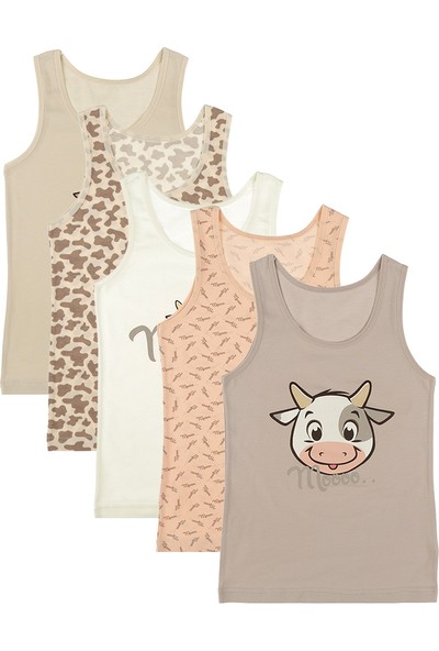Donella 5'li Cow Baskılı Kız Çocuk Atlet - 4971878NK-5LI