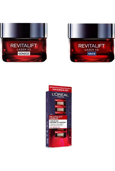 Loreal Paris Revitalift Lazer X3 3'lü Set (Gündüz ve Gece Kremi 50 Ml, 7 Günlük Kür Peeling Etkili Ampul 7*1 Ml) Loreal Paris Revitalift Lazer X3 3'lü Set (Gündüz ve Gece Kremi 50 Ml, 7 Günlük Kür Peeling Etkili Ampul 7*1 Ml)