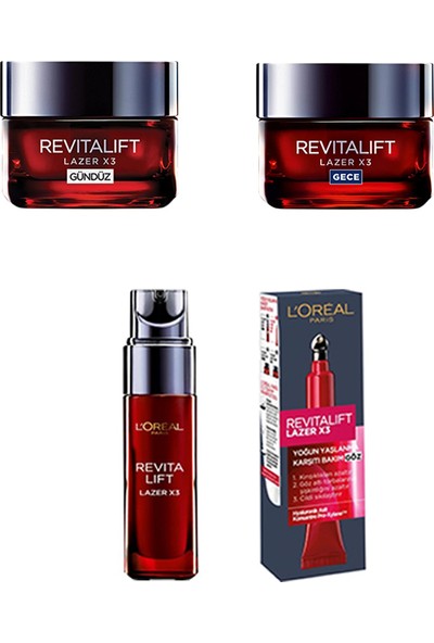 Loreal Paris Revitalift Lazer X3&nbsp;4'lü Set (Gündüz ve Gece Kremi 50 Ml, Serum 30 Ml, Göz Bakım Kremi 15 Ml)