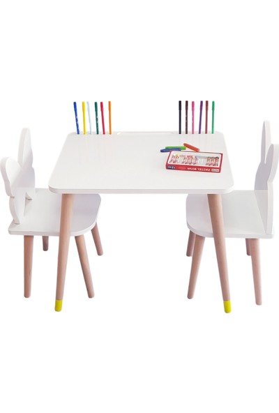 Liva Ahşap Ahşap Çocuk Oyun ve Aktivite Masa Sandalye Takımı 1 Masa + 2 Sandalye