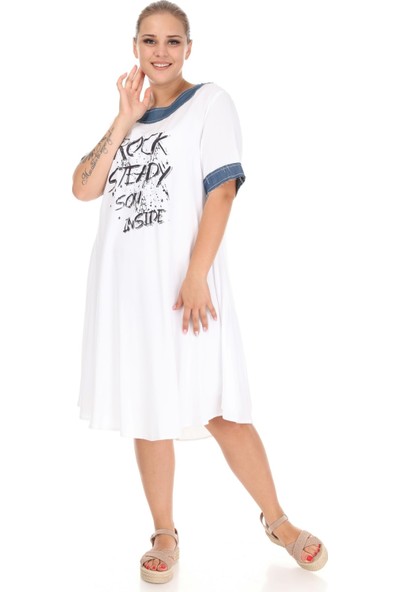 Zer Otantik Kot Garnili Yazı Baskılı Büyük Beden Elbise Beyaz