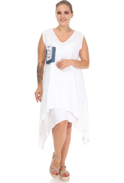 Zer Otantik Kot Garnili Asimetrik Büyük Beden Elbise Beyaz