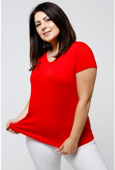 Ebsumu Kadın Büyük Beden V Yaka Basic Kısa Kollu Kırmızı Tişört