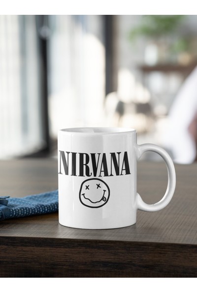 Kio Tasarım Nirvana Logo Siyah Beyaz Baskılı Kahve Çay Kupası Kupa Beyaz Porselen Mug Sevgililer-İş Arkadaşı-Doğum-Günü Hediyesi Hediye