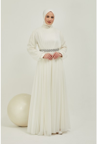 Moda Echer Tesettür Abiye Elbise Şifon Kemer Süslemeli simli tül detaylı