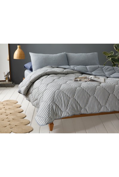 English Home Comfy Stripe Ipliği Boyalı Çift Kişilik Uyku Seti 200X220 cm Mavi