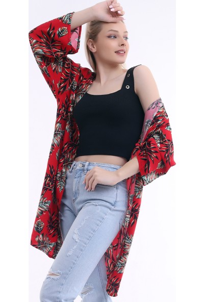 Dnz Bayan Kırmızı-Siyah Desenli Uzun Kimono Dnz Bayan Kırmızı-Siyah Desenli Uzun Kimono
