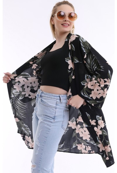Dnz Bayan Siyah-Gül Kurusu Desenli Uzun Kimono