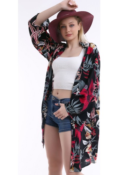 Dnz Bayan Siyah Çiçek Desenli Uzun Kimono