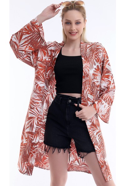Dnz Bayan Kızıl Kahve Desenli Uzun Kimono