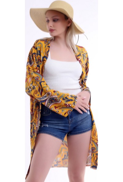 Dnz Bayan Sarı Osmanlı Desenli Uzun Kimono Dnz Bayan Sarı Osmanlı Desenli Uzun Kimono
