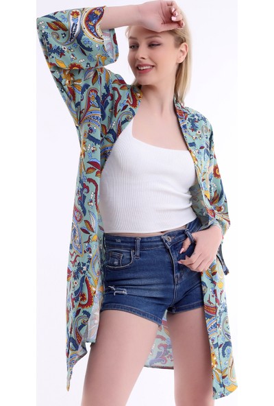 Dnz Bayan Mavi Osmanlı Desenli Uzun Kimono