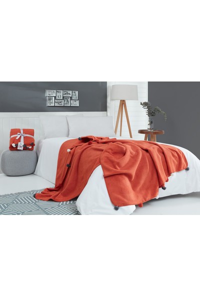 Dolce Bonita Home Ponponlu Petek Örgü Battaniye Kiremit