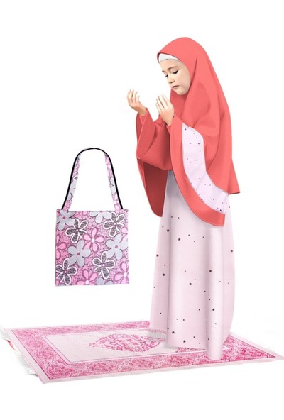 Liyavera Kız Çocuk Renkli Yıldız Baskılı Somon Renkli Namaz Elbisesi Seti Çantalı Seccadeli 920 Liyavera Kız Çocuk Renkli Yıldız Baskılı Somon Renkli Namaz Elbisesi Seti Çantalı Seccadeli 920