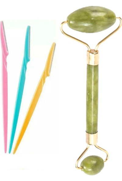 Sinka Yeşim Taşi Doğal Masaj Aleti + 3'lü Kaş Usturası Set