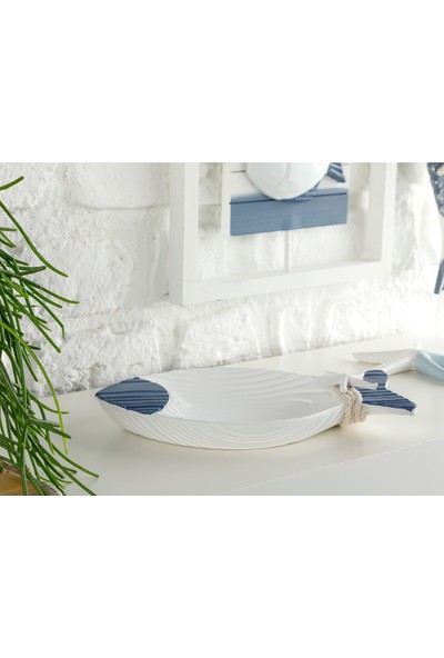 English Home Sea Shore Mdf Dekoratif Tabak 24X15X4 cm Beyaz - Mavi