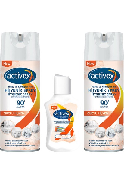 Activex Hijyenik Kumaş ve Yüzey Spreyi 400ML * 2 Adet ve Activex Antibakteriye El Temizleme Jeli Aktif 100 ml Activex Hijyenik Kumaş ve Yüzey Spreyi 400ML * 2 Adet ve Activex Antibakteriye El Temizleme Jeli Aktif 100 ml