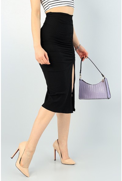 Kasheha Kadın Siyah Büzgülü Yırtmaçlı Uzun Kalem Etek - KAD3325382