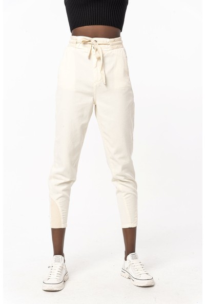 Coral Rıbanalı Pamuklu Pantolon Krem
