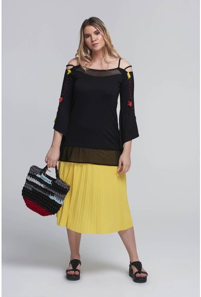 Zer Otantik Boncuklu Kol Detay Askılı Büyük Beden Bluz Siyah