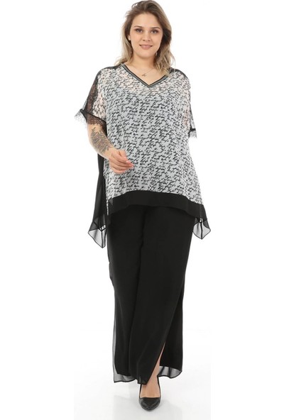 Zer Otantik Yazı Baskılı Şifon Büyük Beden Bluz Siyah