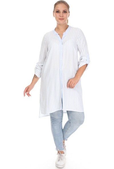 Zer Otantik Çizgili Büyük Beden Tunik Beyaz-Mavi