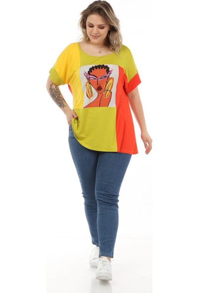Zer Otantik Renkli Resimli Kısakol Büyük Beden Tunik Renkli