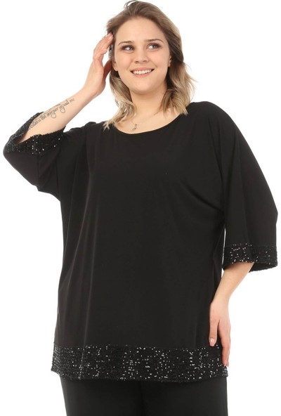 Zer Otantik Kol ve Eteği Payetli Büyük Beden Tunik Siyah Zer Otantik Kol ve Eteği Payetli Büyük Beden Tunik Siyah