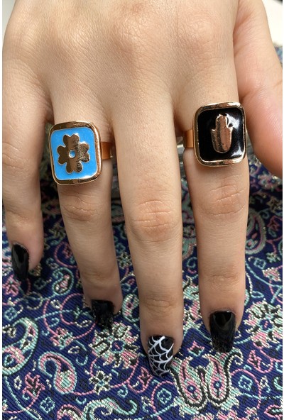 Mooni Accessories Fatma Ana Eli Içi Siyah ve Yonca Içi Mavi Rose Gold Kaplama Ayarlanabilir Yüzük Seti Mooni Accessories Fatma Ana Eli Içi Siyah ve Yonca Içi Mavi Rose Gold Kaplama Ayarlanabilir Yüzük Seti