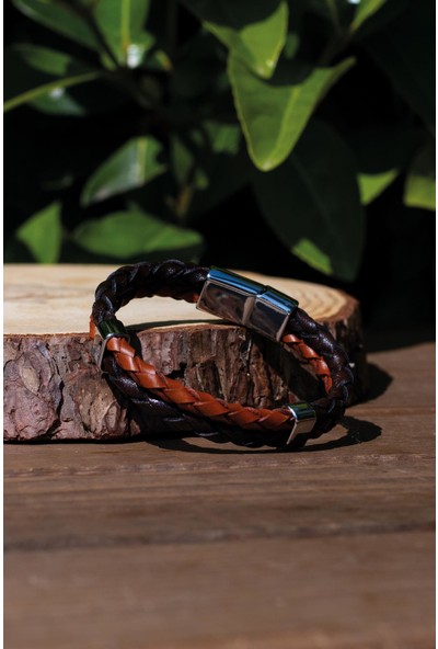 Ala Aksesuar Ithal Deri Kahve Siyah Örme Bileklik