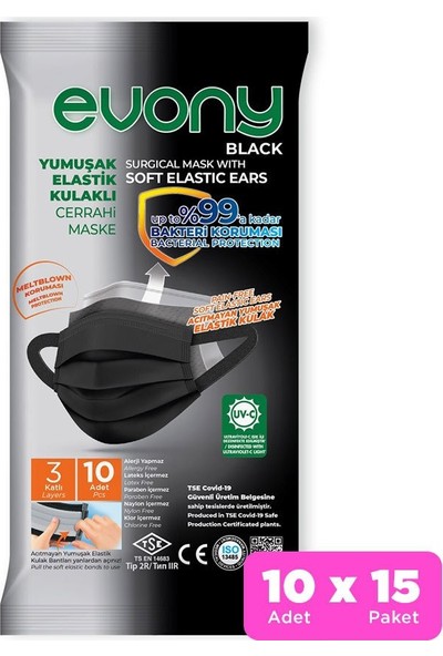 Evony 3 Katlı Yeni Nesil Siyah Cerrahi Maskes 150 Adet (10'lu Paket) Evony 3 Katlı Yeni Nesil Siyah Cerrahi Maskes 150 Adet (10'lu Paket)