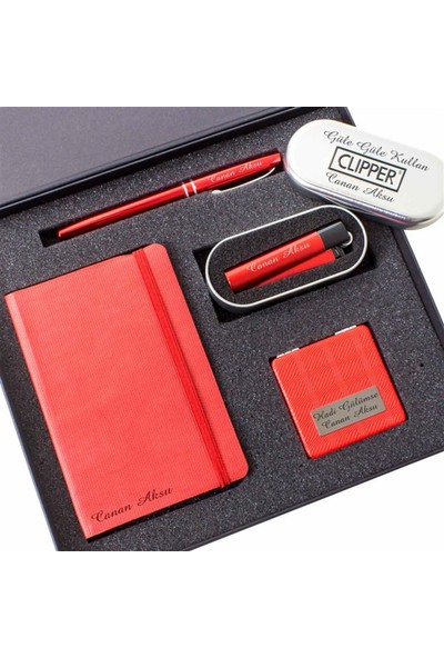 Hediye Rengi Isme Özel Premium Defter Kalem Ayna ve Çakmak Seti Kırmızı Hediye Rengi Isme Özel Premium Defter Kalem Ayna ve Çakmak Seti Kırmızı