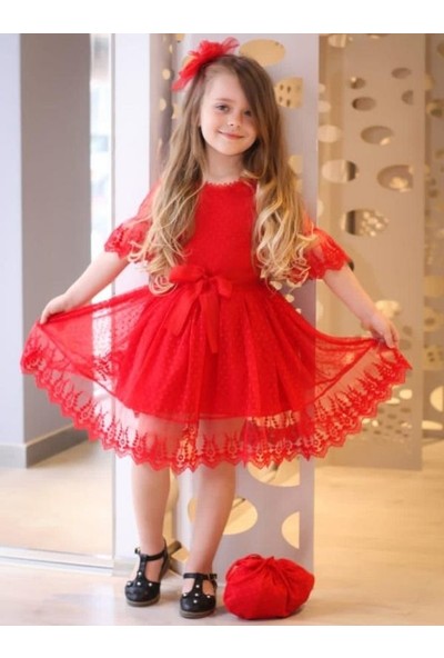 Riccotarz Kız Çocuk Prenses Güpürlü Çantalı Kırmızı Elbise