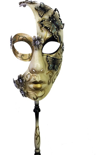 Samur Çiçekli Masquerade Sopalı Venedik Maskesi El Işlemeli Siyah Renk