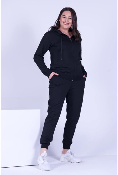 Tarzım Süper Büyük Beden Fermuarlı Uzun Kollu Siyah Eşofman Takımı