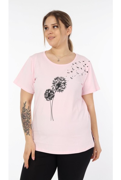 Tarzım Süper Kadın Büyük Beden Hindiba Baskılı Pembe T-Shirt