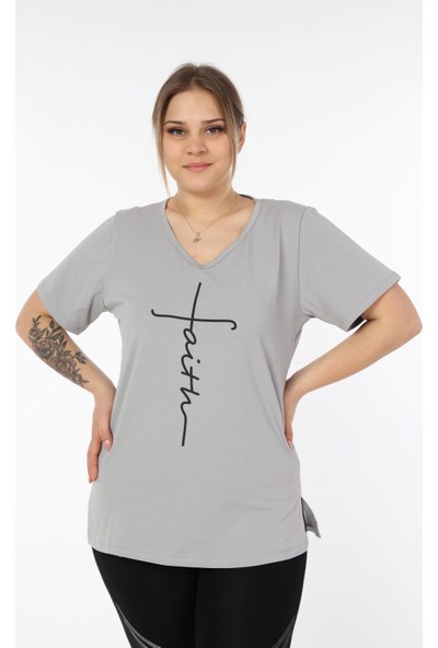 Tarzım Süper Kadın Büyük Beden Faith Baskılı Gri T-Shirt