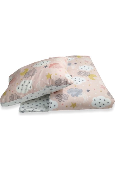 Bebek Özel Pamuklu Bebek Çocuk Yastık Çarşaf Yorgan Somon Ay Bulut/ Gri Yıldızlı