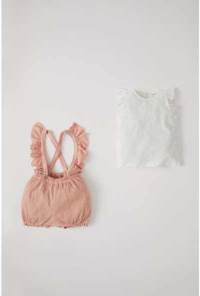 Defacto Kız Bebek Pamuklu Kısa Kol Tişört Ve Dokulu Tulum Takım U6435A221SM