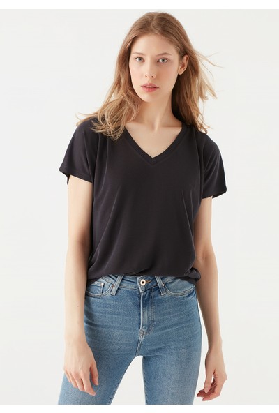 Mavi Kadın Lux Touch V Yaka Siyah Modal Tişört 167842-900