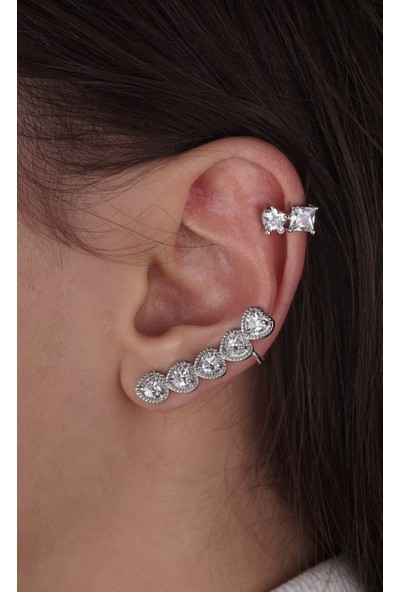 Nufs Jewelry Gümüş Zirkon Taşlı Kalp Detaylı Küpe Earcuff Set Nufs Jewelry Gümüş Zirkon Taşlı Kalp Detaylı Küpe Earcuff Set