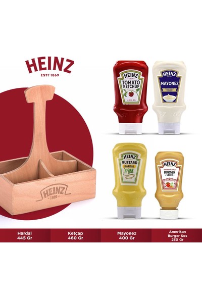 Heinz Ahşap Sos Paketi (Hardal 445 gr + Ketçap 460 gr + Mayonez 400 gr + Amerikan Burger Sos 230 gr) Heinz Ahşap Sos Paketi (Hardal 445 gr + Ketçap 460 gr + Mayonez 400 gr + Amerikan Burger Sos 230 gr)