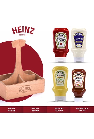 Heinz Ahşap Sosluk Paketi (Hardal 445 gr + Ketçap 460 gr + Mayonez 400 gr + Barbekü Sos 250 gr) Heinz Ahşap Sosluk Paketi (Hardal 445 gr + Ketçap 460 gr + Mayonez 400 gr + Barbekü Sos 250 gr)