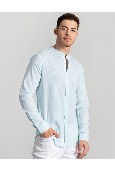 Tudors Slim Fit Çizgili Hakim Yaka Flam Keten Gömlek