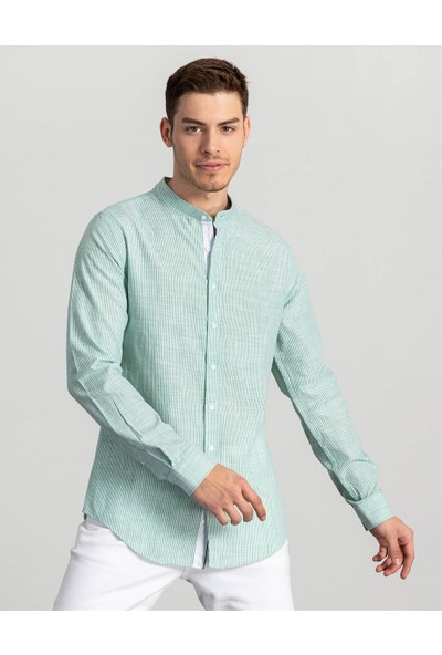 Tudors Slim Fit Çizgili Hakim Yaka Flam Keten Gömlek