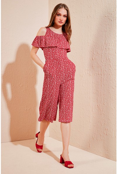 Lela Desenli Bisiklet Yaka Omuz Detaylı Cepli Tulum Kadın Tulum 5863143