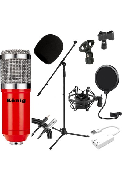 König BM800 Mikrofon + Ses Kartı + Pop Filtre + Mikrofon Sehpası + Kablo + Shock Mount + Sünger Stüdyo Seti König BM800 Mikrofon + Ses Kartı + Pop Filtre + Mikrofon Sehpası + Kablo + Shock Mount + Sünger Stüdyo Seti