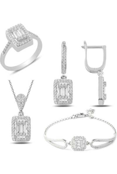 Mercan Silver Gümüş Baget Taşlı Kolye Küpe Yüzük ve Bileklik Set